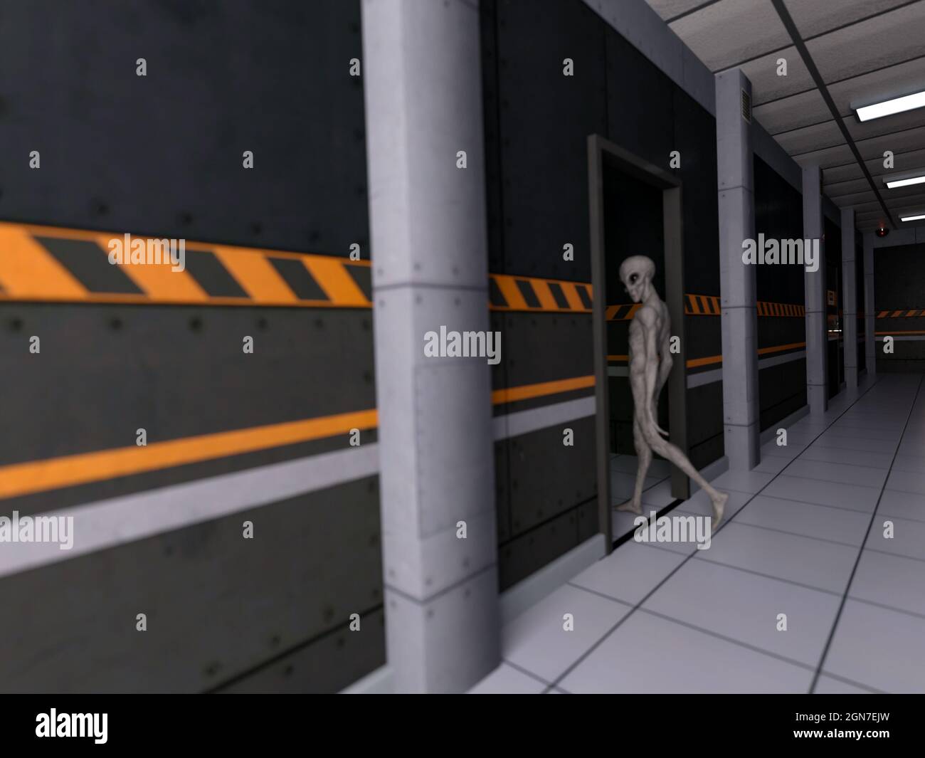 3d illustration of a blurry alien walking through a doorway in a ...