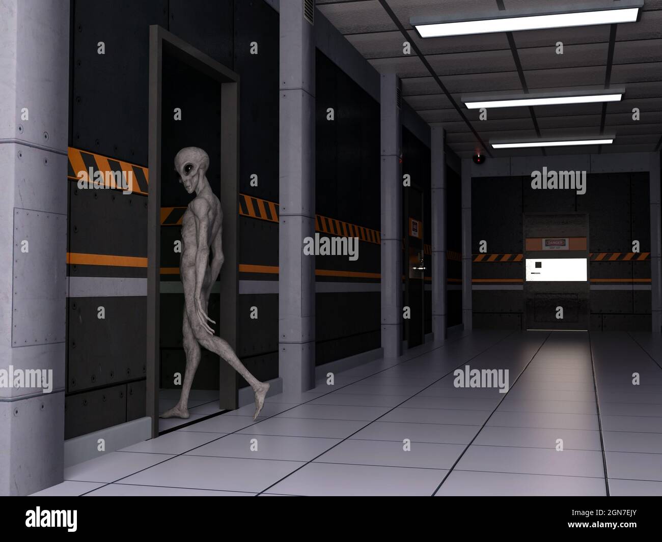 3d illustration of an alien walking through a doorway in a corridor ...