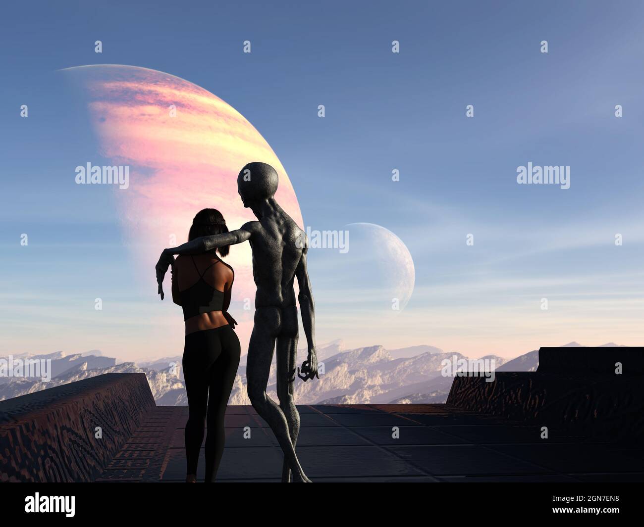 3d illustration of a grey alien having an arm over the shoulders of a ...