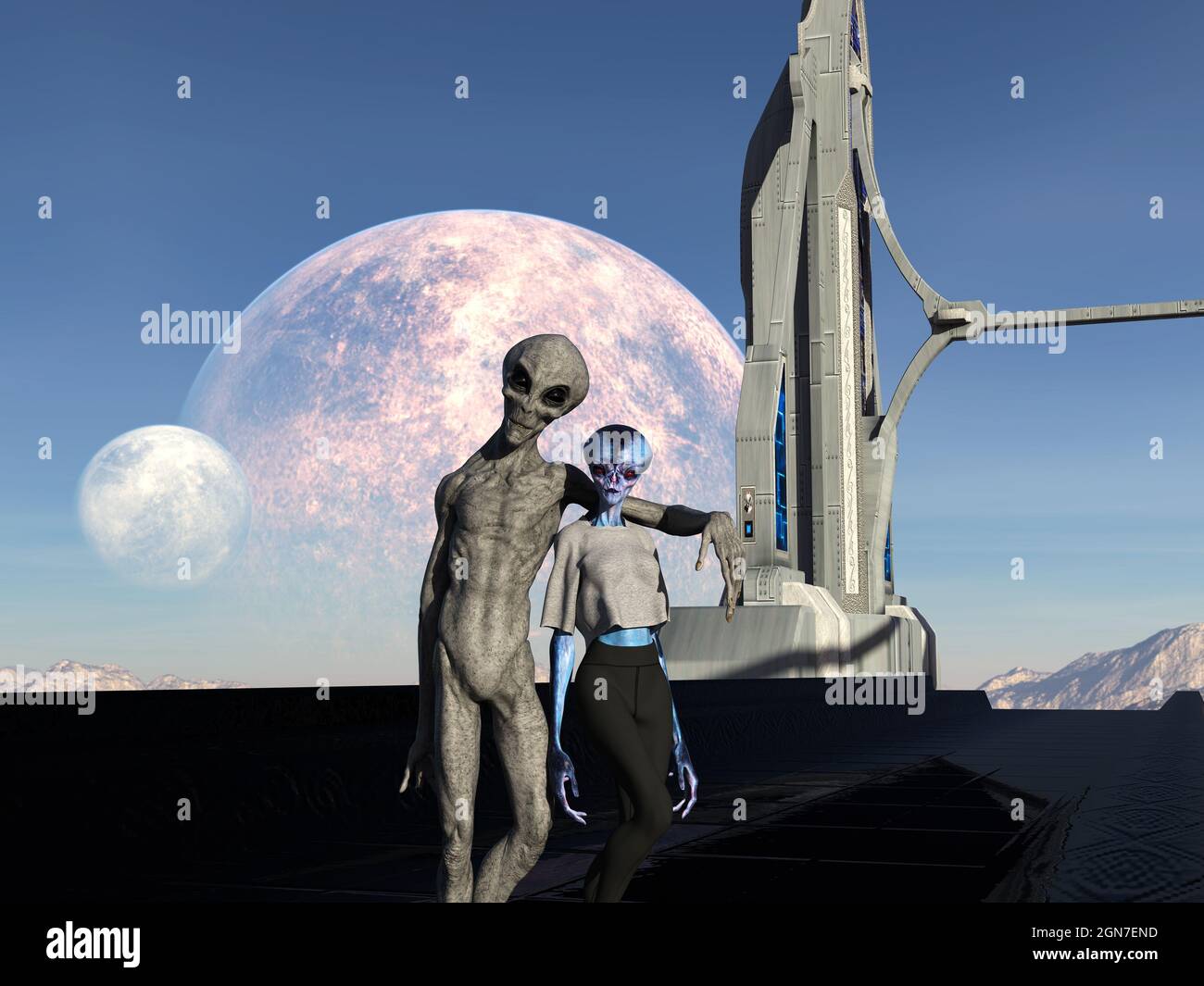 3d illustration of two aliens with one having an arm over the others ...