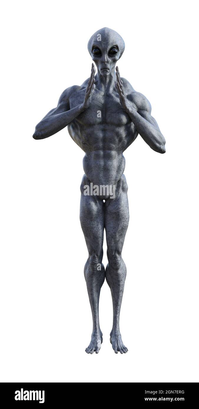 3d illustration of a muscled grey alien holding hands apart isolated on ...