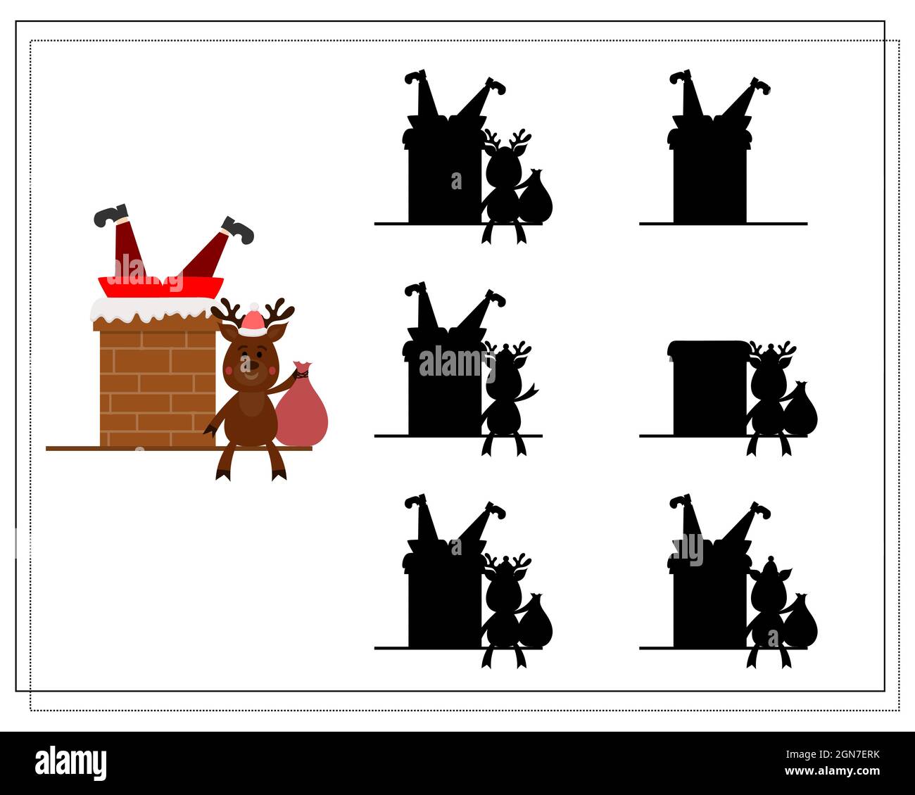 A logical game for children, find the right shadow. cartoon santa is ...