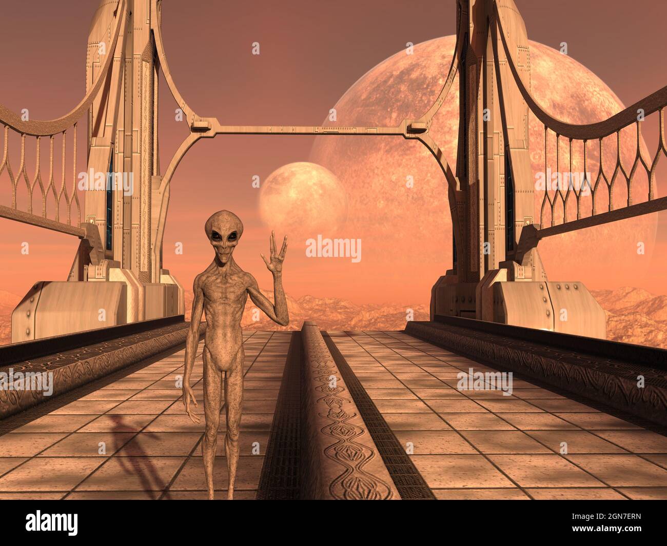 3d illustration of a grey alien gesturing with fingers apart and ...