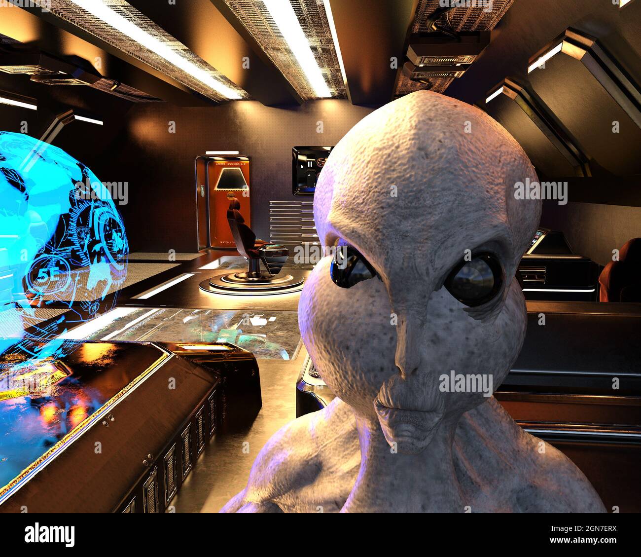 3d illustration of a deformed grey alien standing on the bridge of a ...