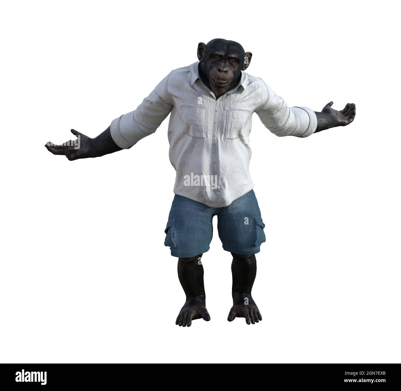 3d illustration of a chimpanzee wearing a white shirt and blue jean ...