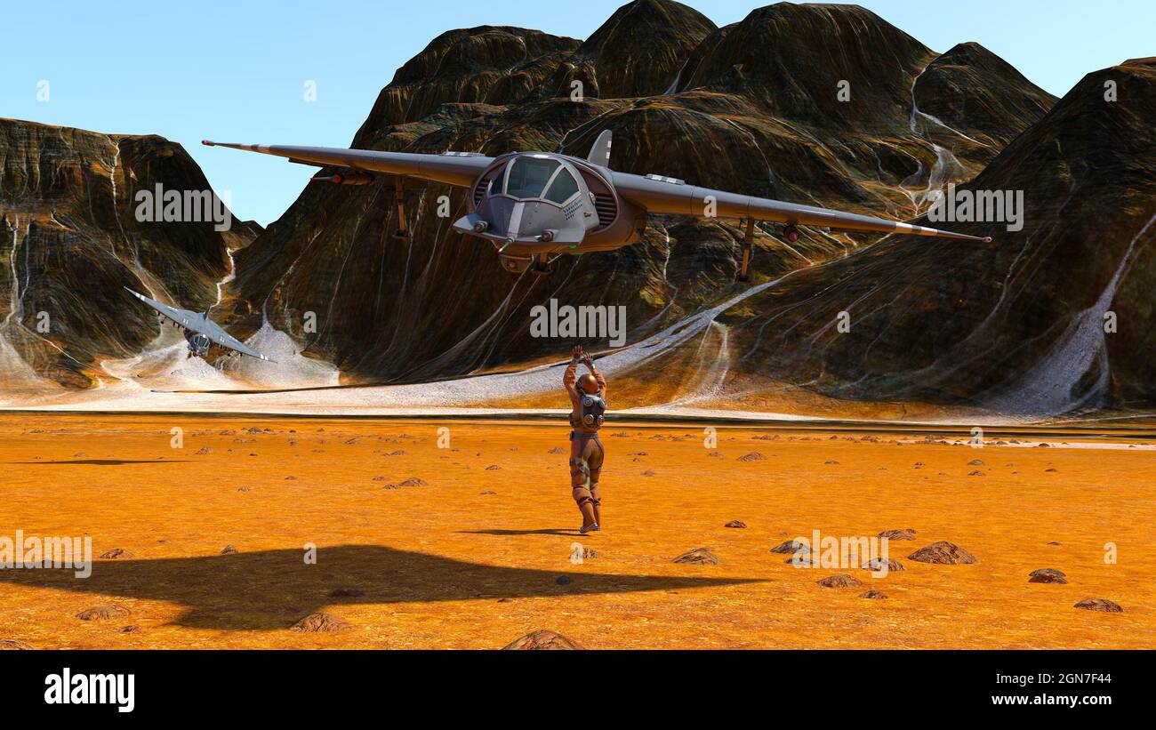 3d illustration of an astronaut waving at a spaceship on an alien world ...