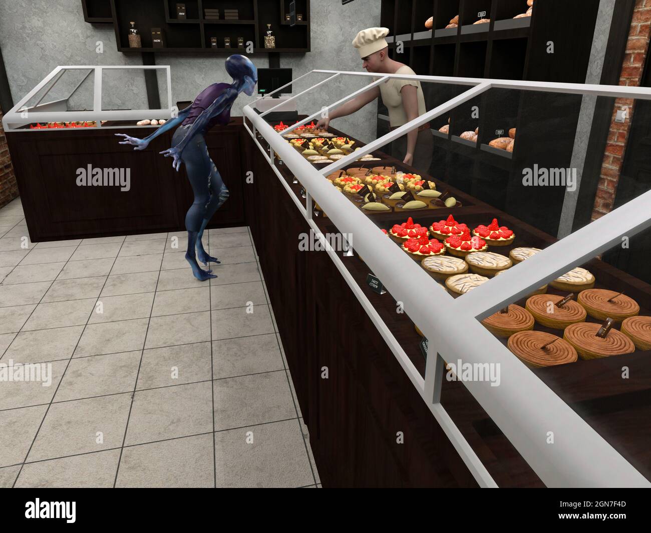 3d illustration of a baker wearing a tshirt and white hat pointing at a ...