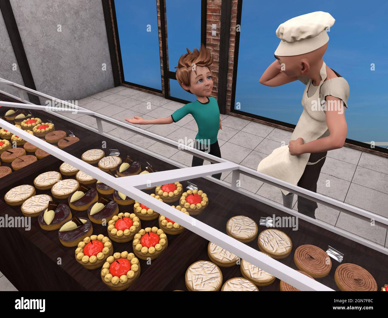 3d illustration of a baker trying to help a young boy decide which ...