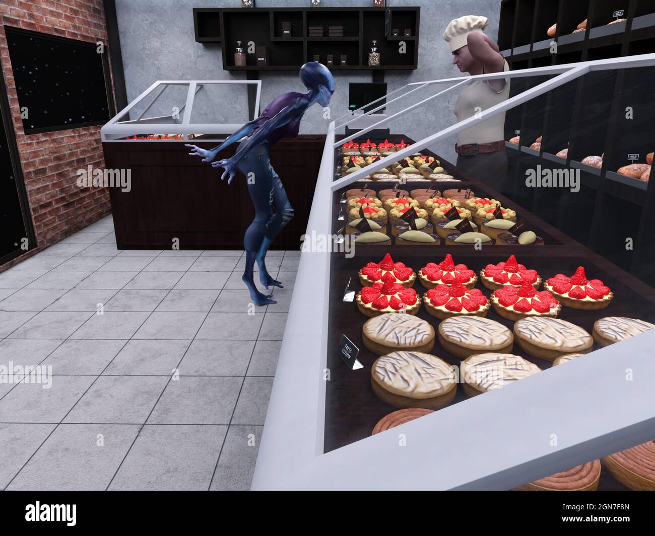 3d illustration of a baker wearing a tshirt and white hat scratching ...