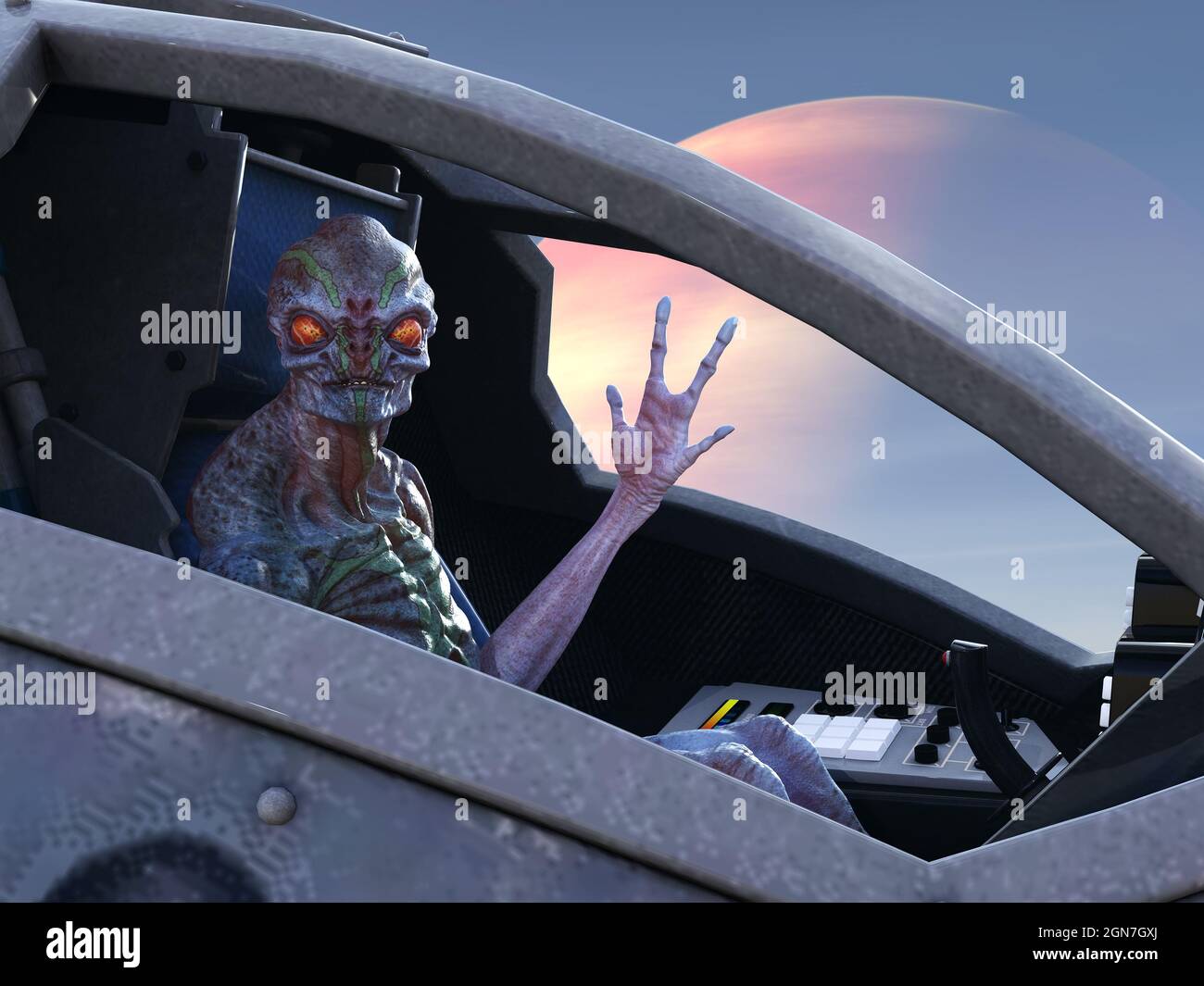 3d illustration of an alien piloting a spaceship while waving and ...