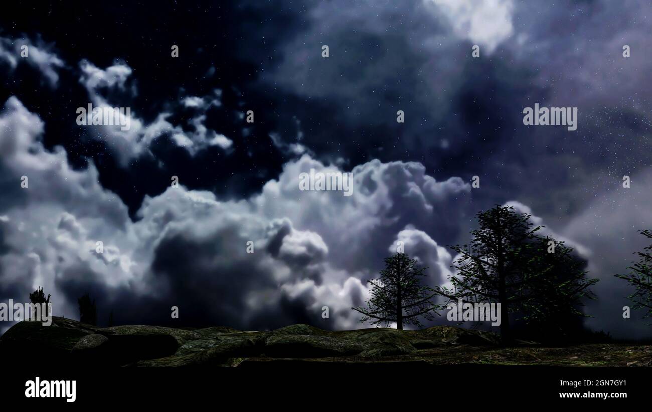 3d illustration of a dark barren landscape with trees and foreboding ...