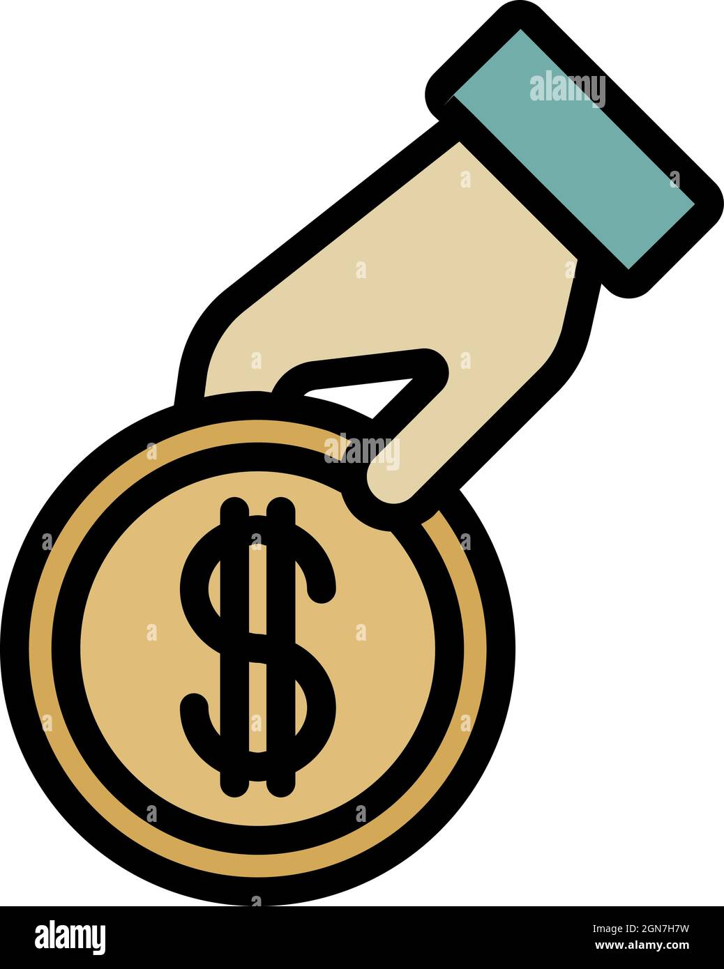 Hand giving coin icon. Outline hand giving coin vector icon color flat ...