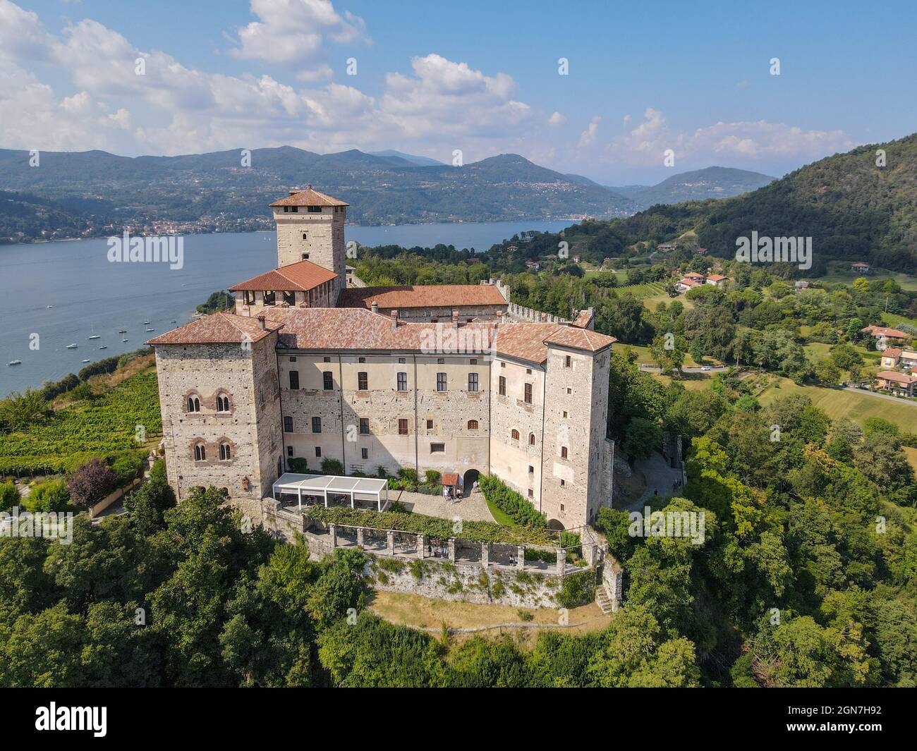The castle of Rocca Borromea at Angera on lake Maggiore in Italy Stock ...