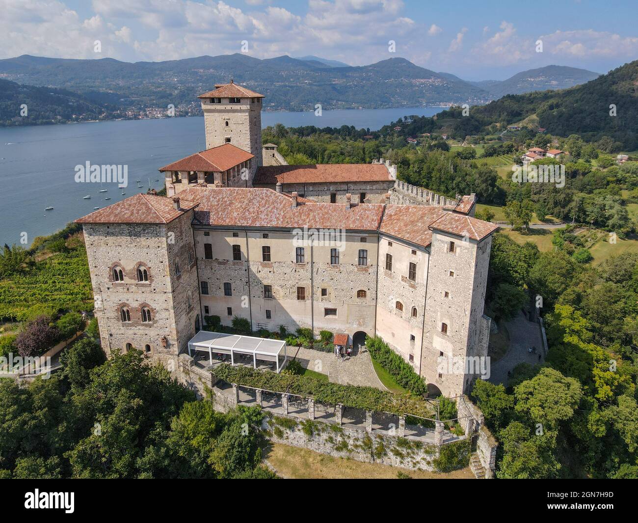 The castle of Rocca Borromea at Angera on lake Maggiore in Italy Stock ...