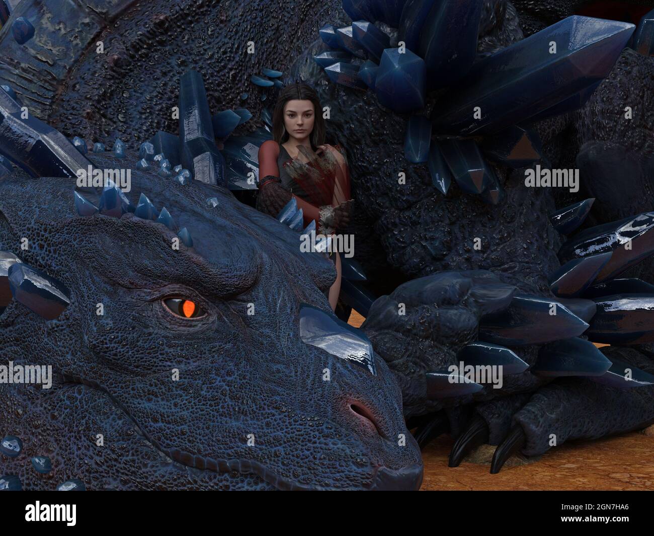 3d illustration of a dragon lying on the ground with an exotic woman ...