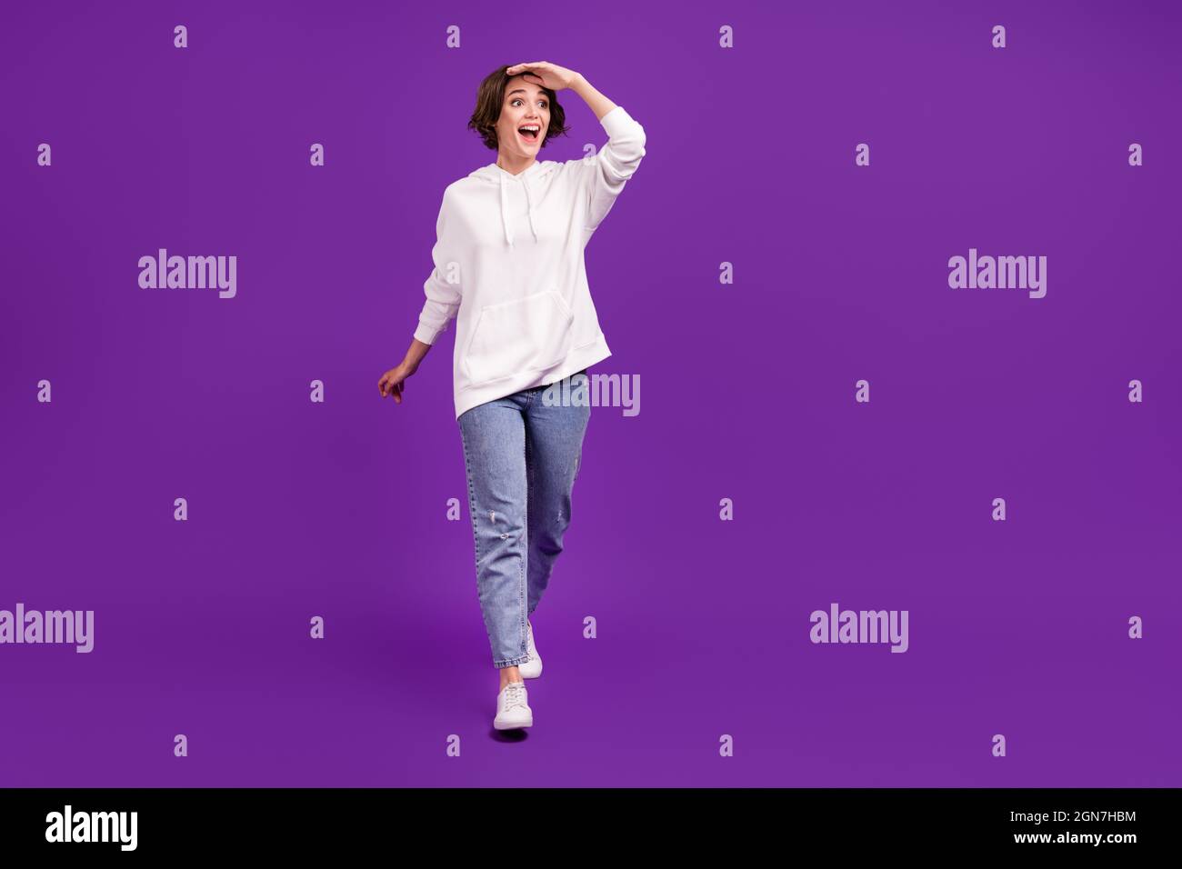 Full size photo of young excited amazed girl go walk traveling look ...