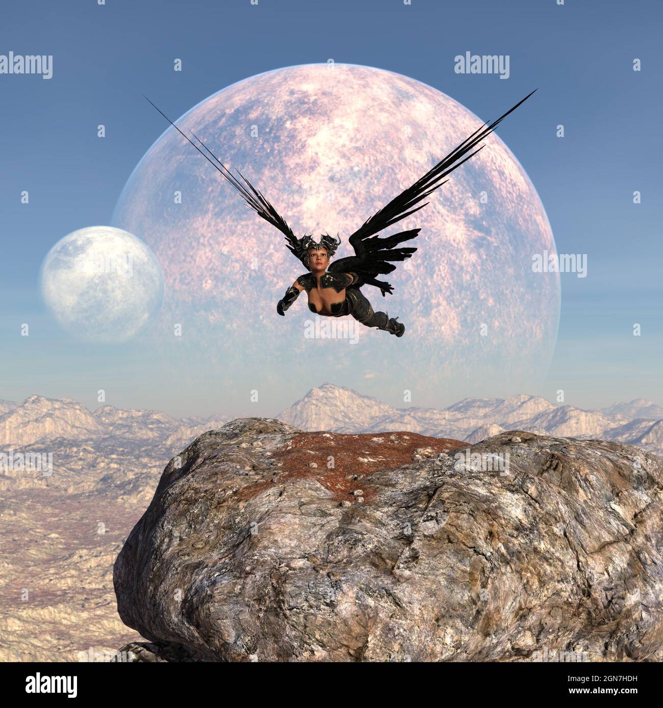 3d illustration of a winged female being flying on an alien world Stock ...
