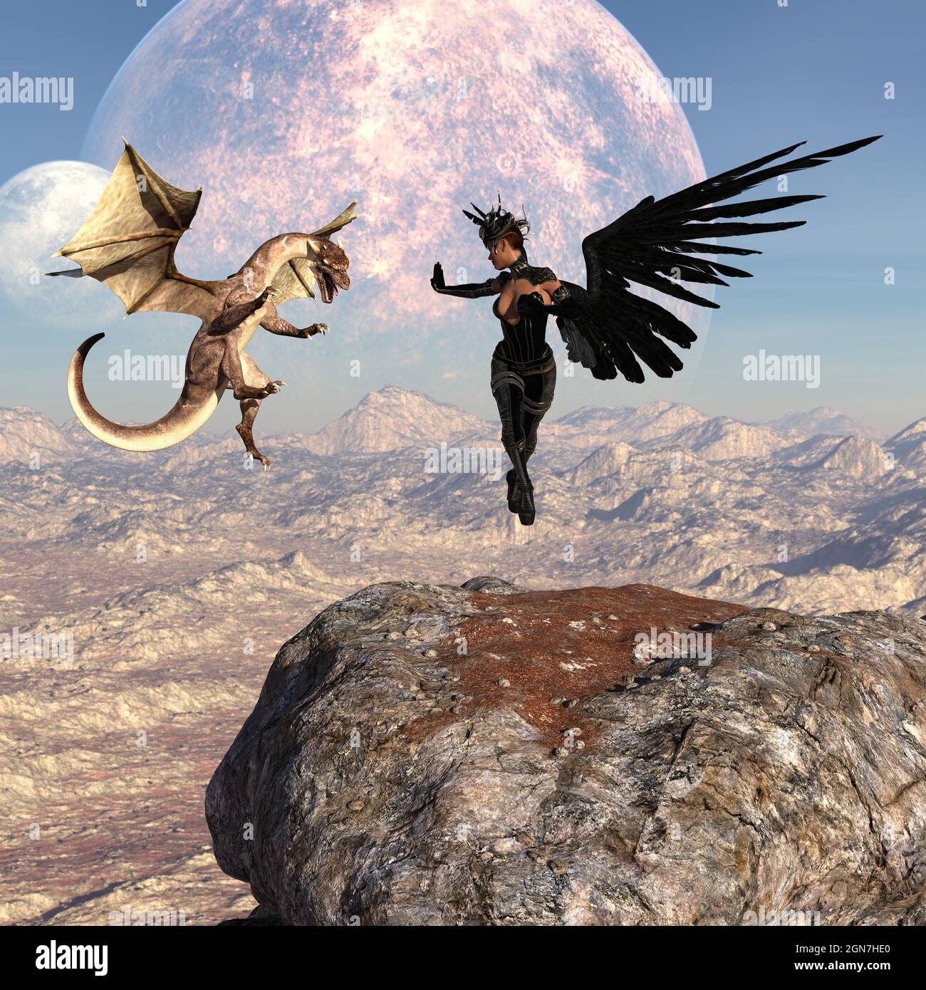 3d illustration of a winged female being commanding a flying dragon to ...