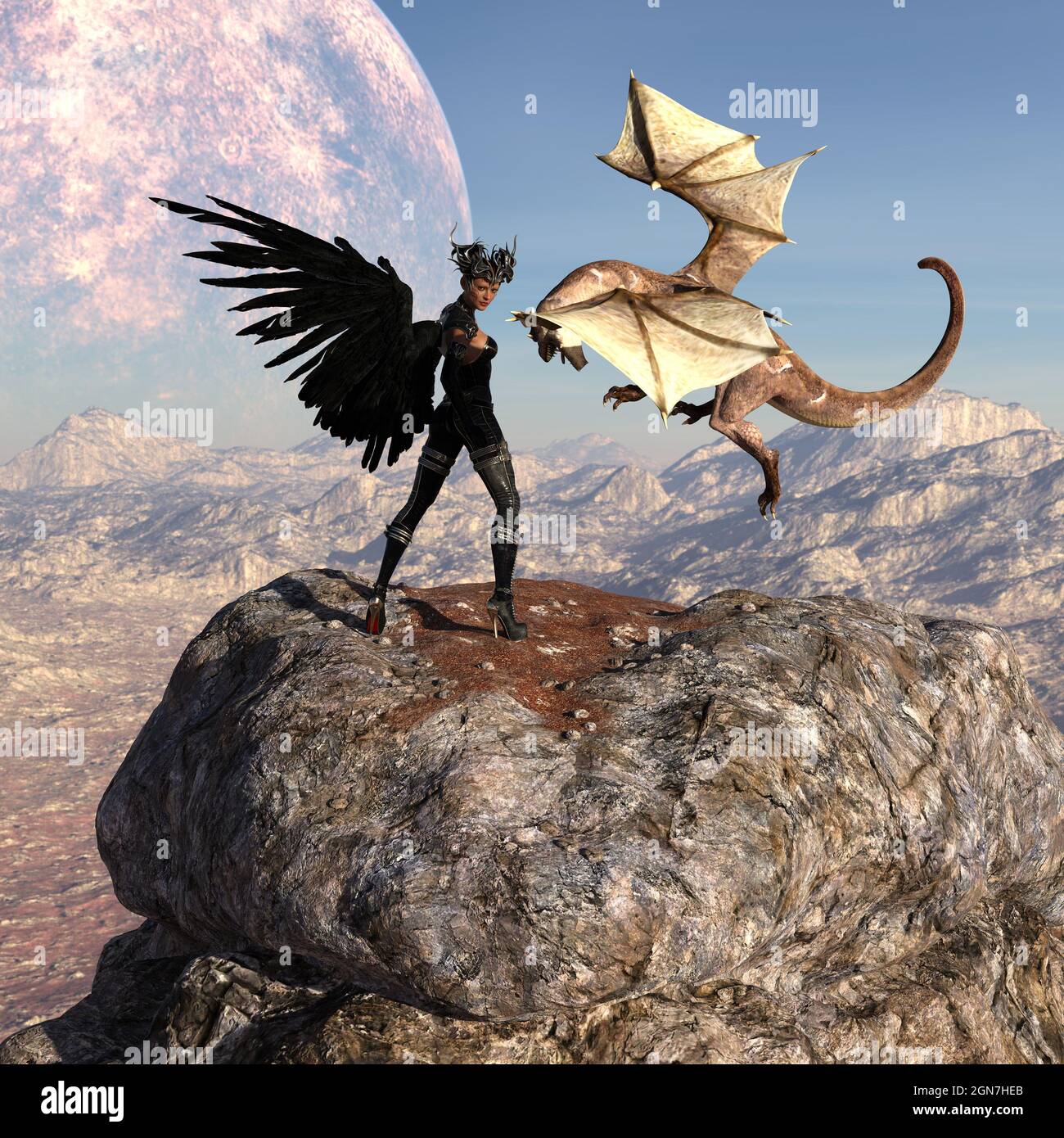 3d illustration of a winged female being playing with a flying dragon ...