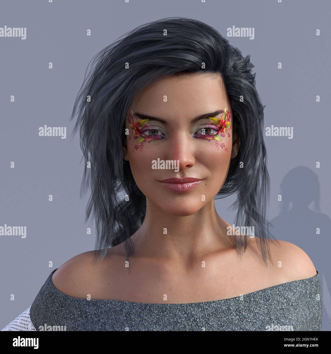 3d illustration of a lovely woman with a flower tattoo on her face ...