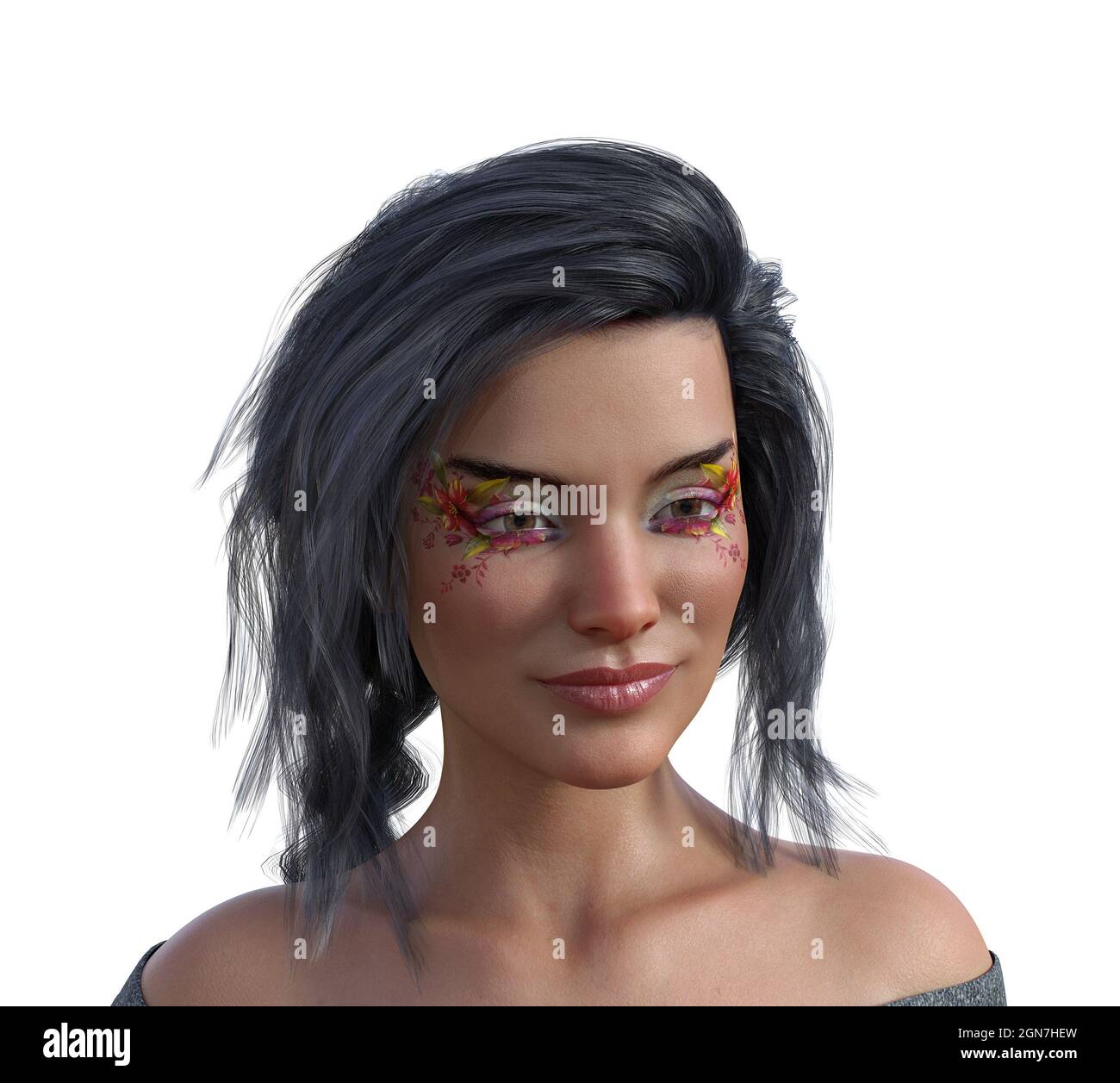 3d illustration of a lovely woman with a flower tattoo on her face ...