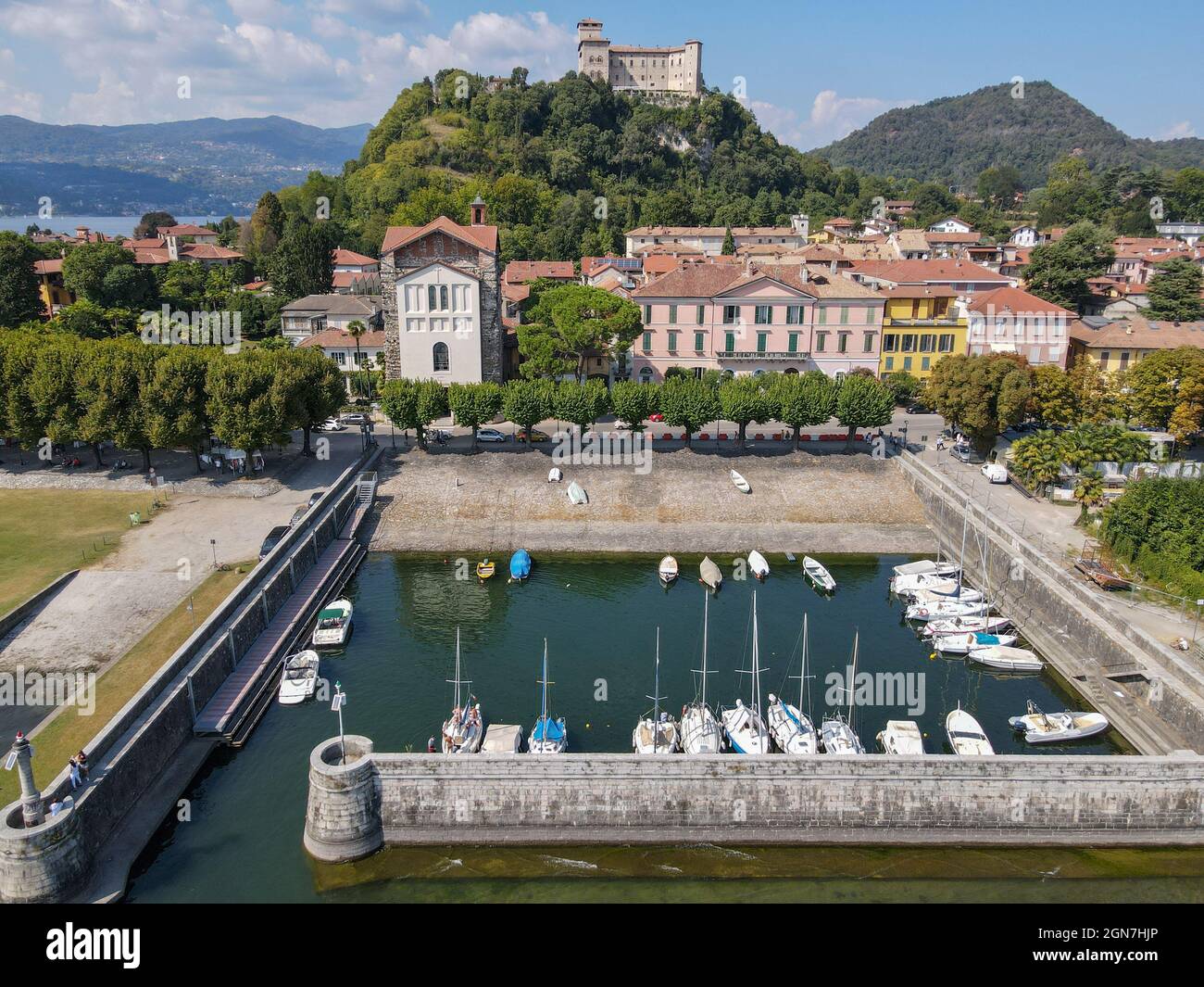 The village of Angera and the castle of Rocca Borromea on lake Maggiore ...