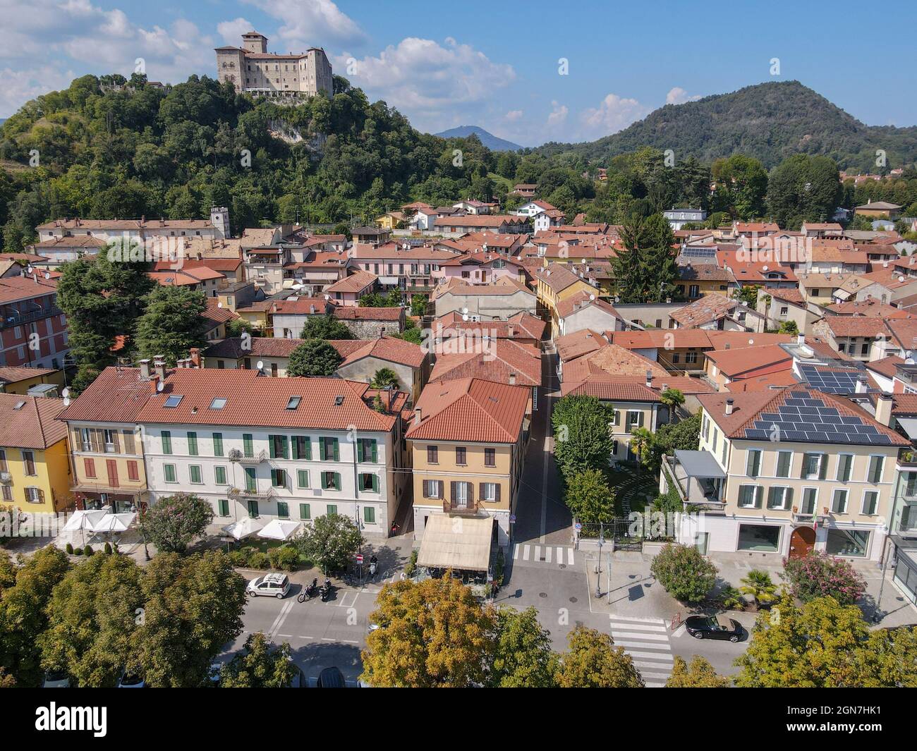 The village of Angera and the castle of Rocca Borromea on lake Maggiore ...