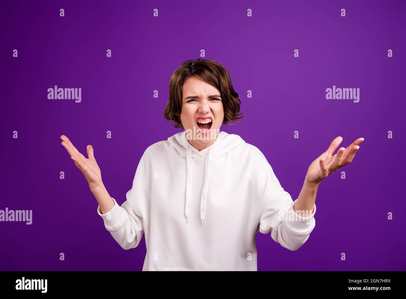 Photo of young unhappy disappointed woman shrug shoulders wtf problem ...