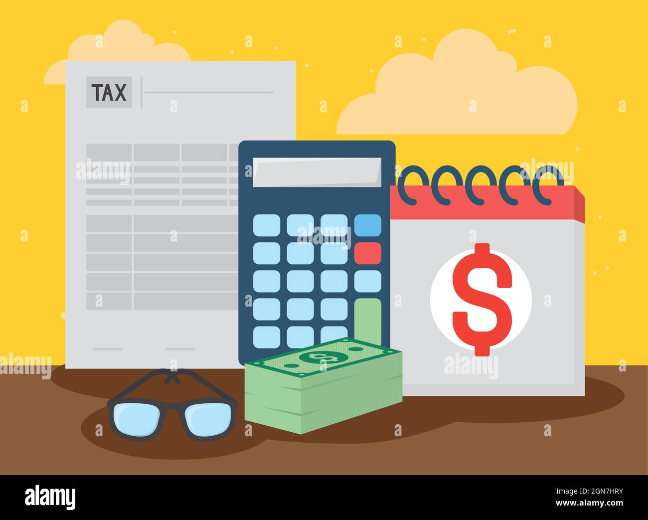 Tax document calculator calendar and bills on yellow background Stock ...