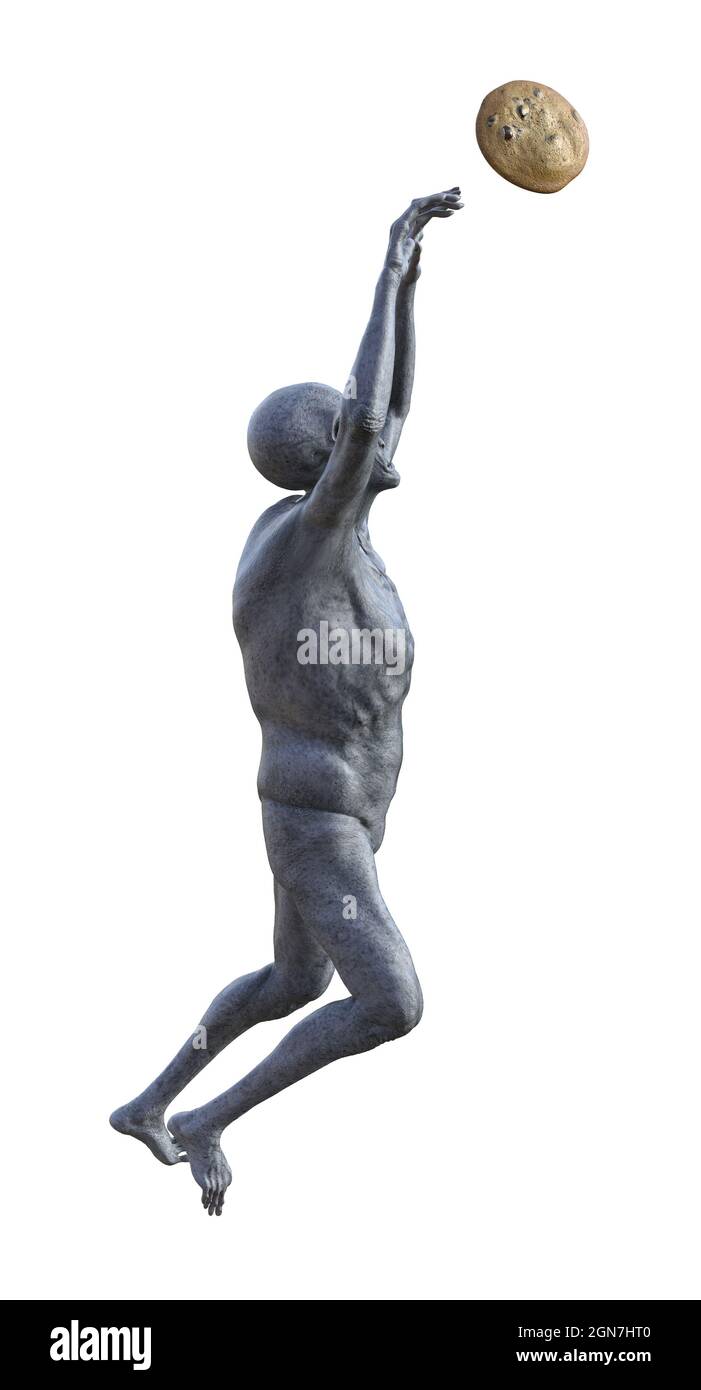 3d illustration of an overweight grey alien jumping to get an oversized ...