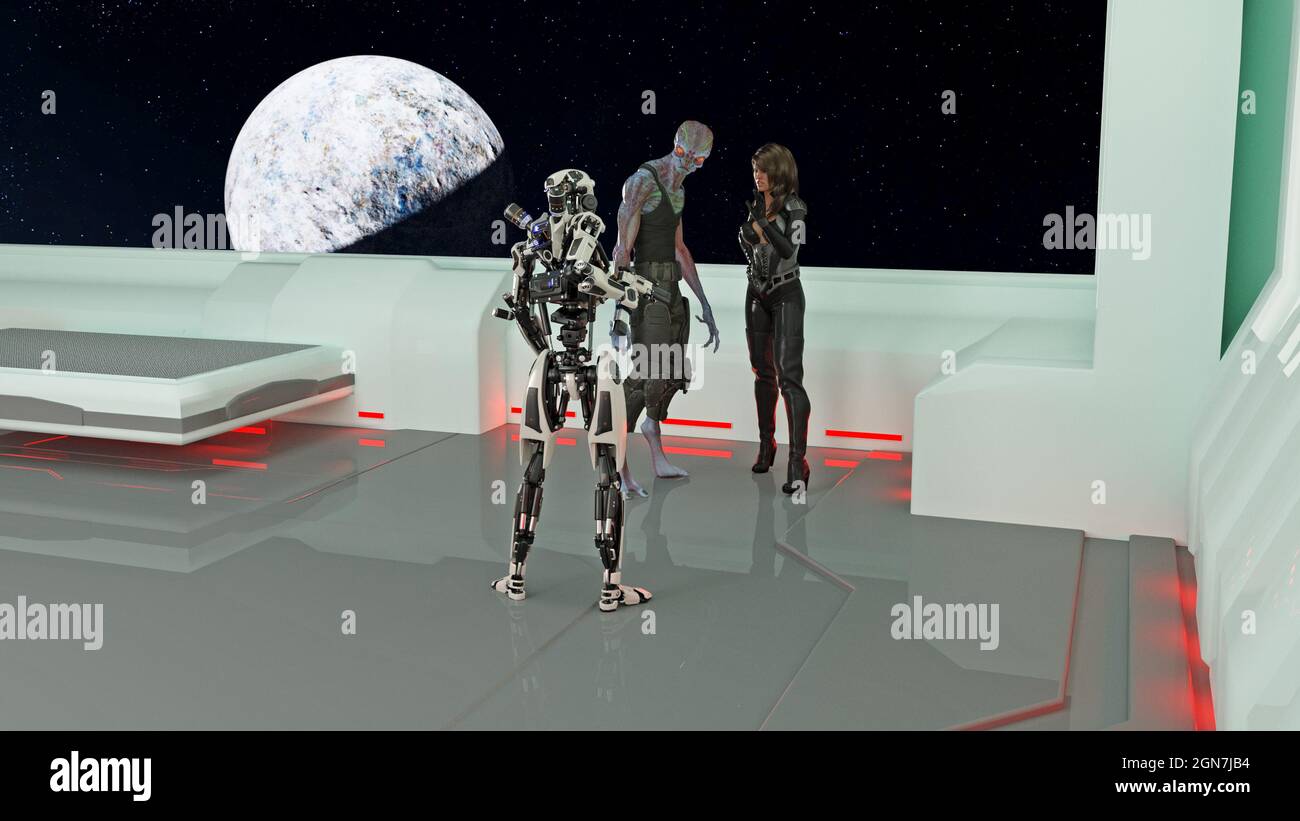 3d illustration of a woman standing next to a large alien talking to a ...