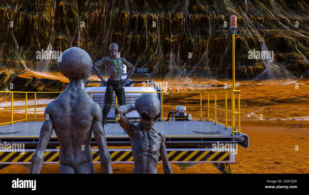 3d illustration of three aliens with one talking from a mining platform ...