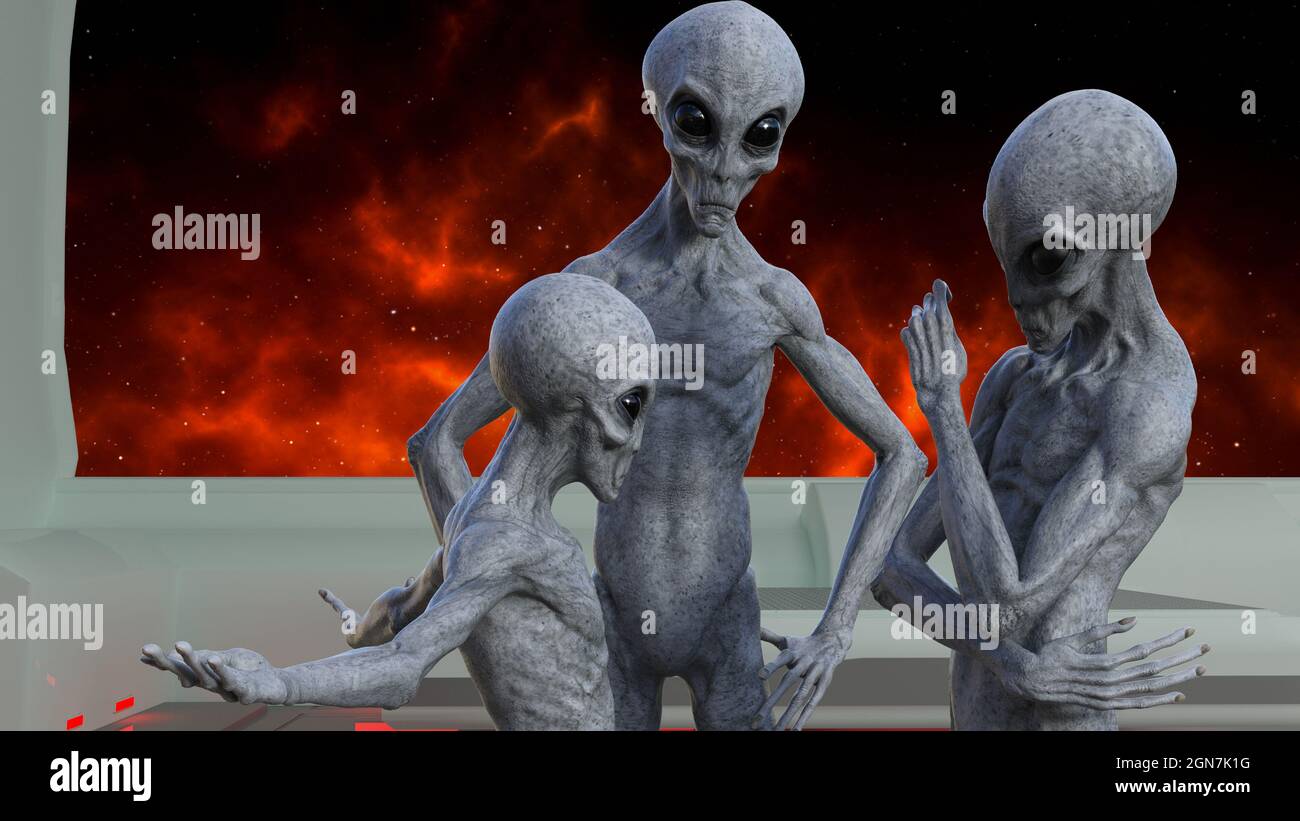 3d illustration of a group of gray aliens talking to each other with ...