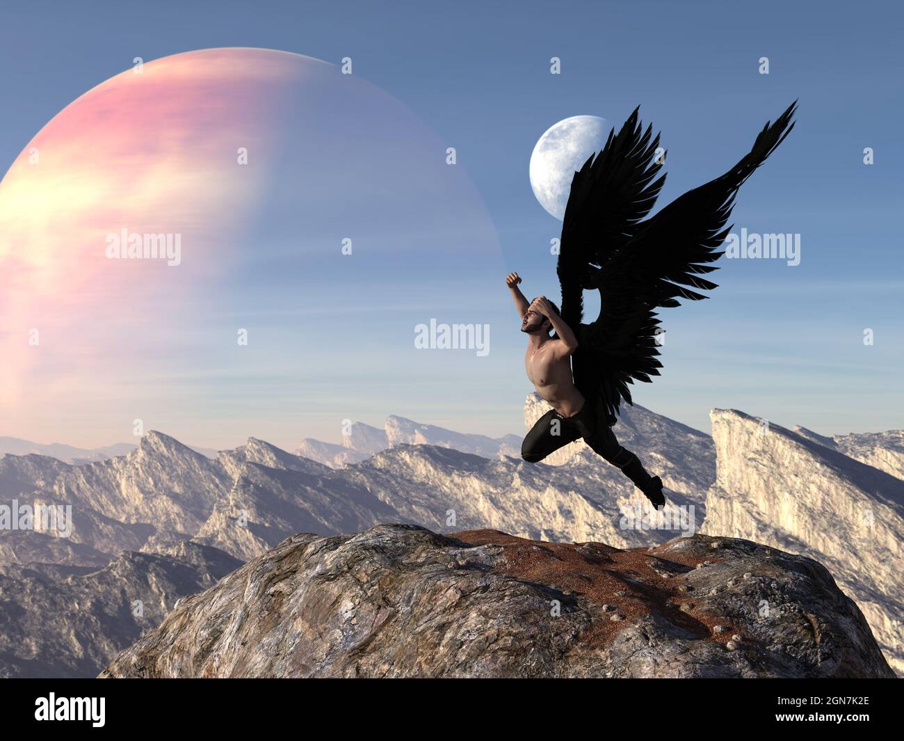 3d illustration of an angelic man with wings flying above a large ...