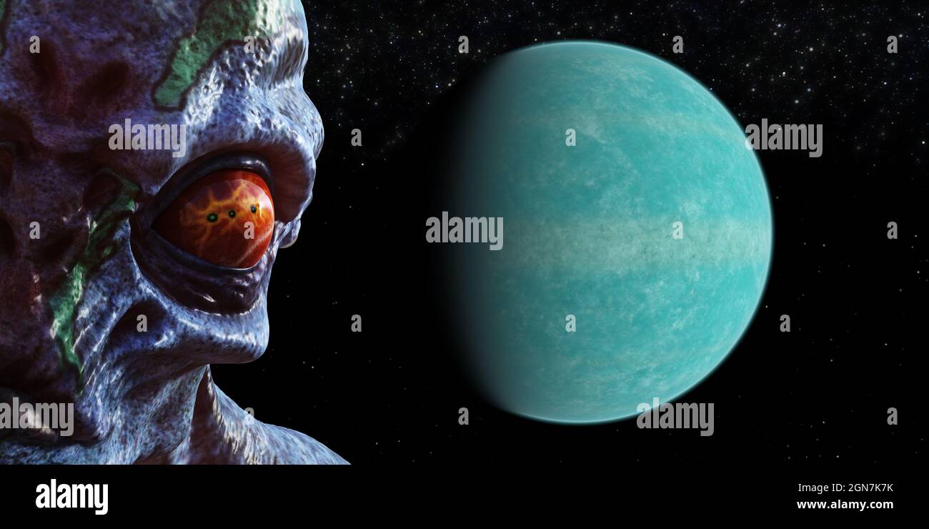 3d illustration of half of the face of an ugly alien with orange red ...