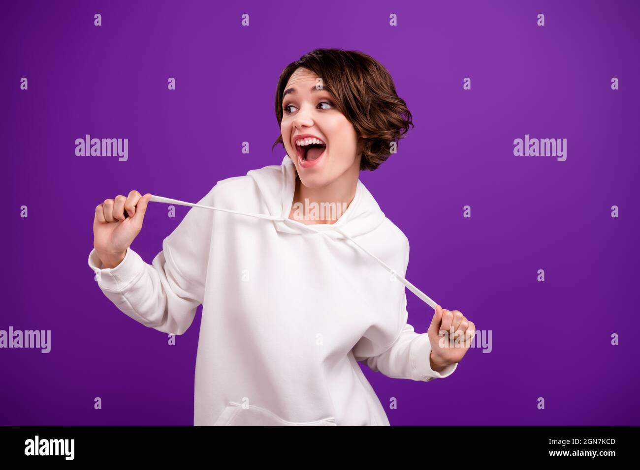 Photo of young smiling good mood childish beautiful girl look copyspace ...