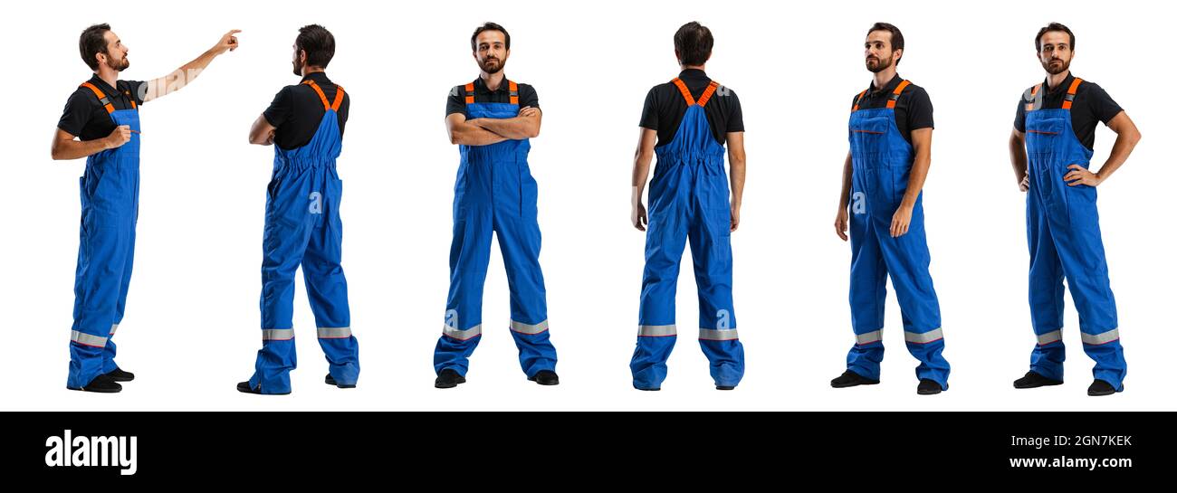 Profile, front and back view of man, male auto mechanic in dungarees ...
