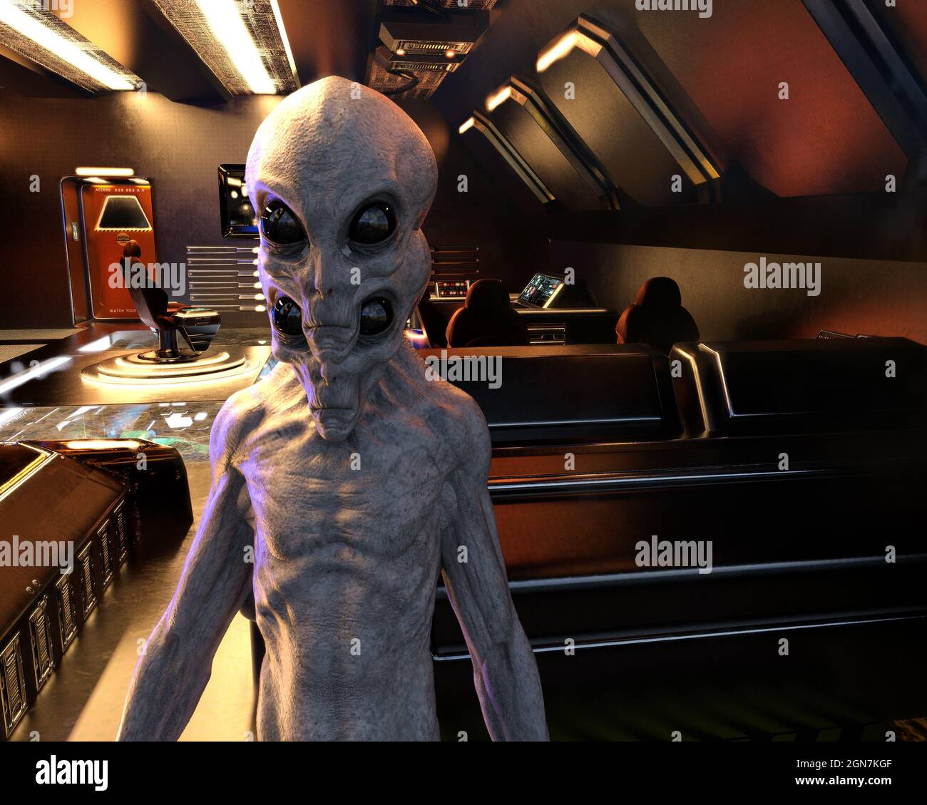 3d illustration of a deformed grey alien with four large black eyes and ...