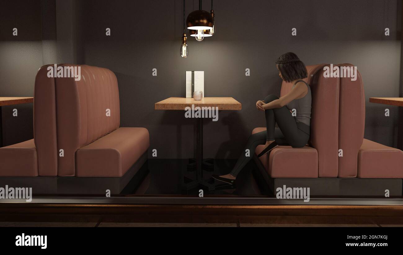 Woman sitting alone booth table hi-res stock photography and images - Alamy