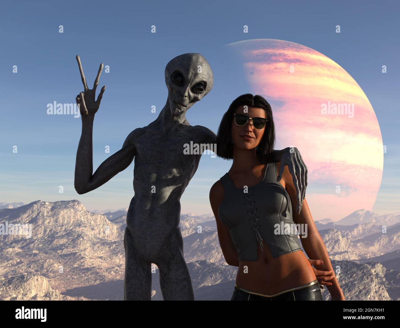 3d illustration of a grey alien having an arm over the shoulders of a ...