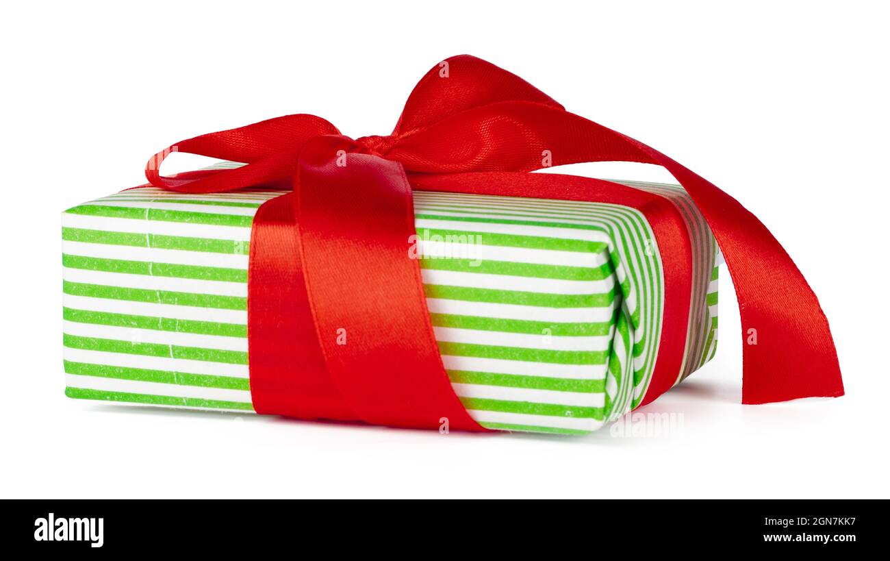 Christmas gift box with red ribbon isolated on white background Stock ...
