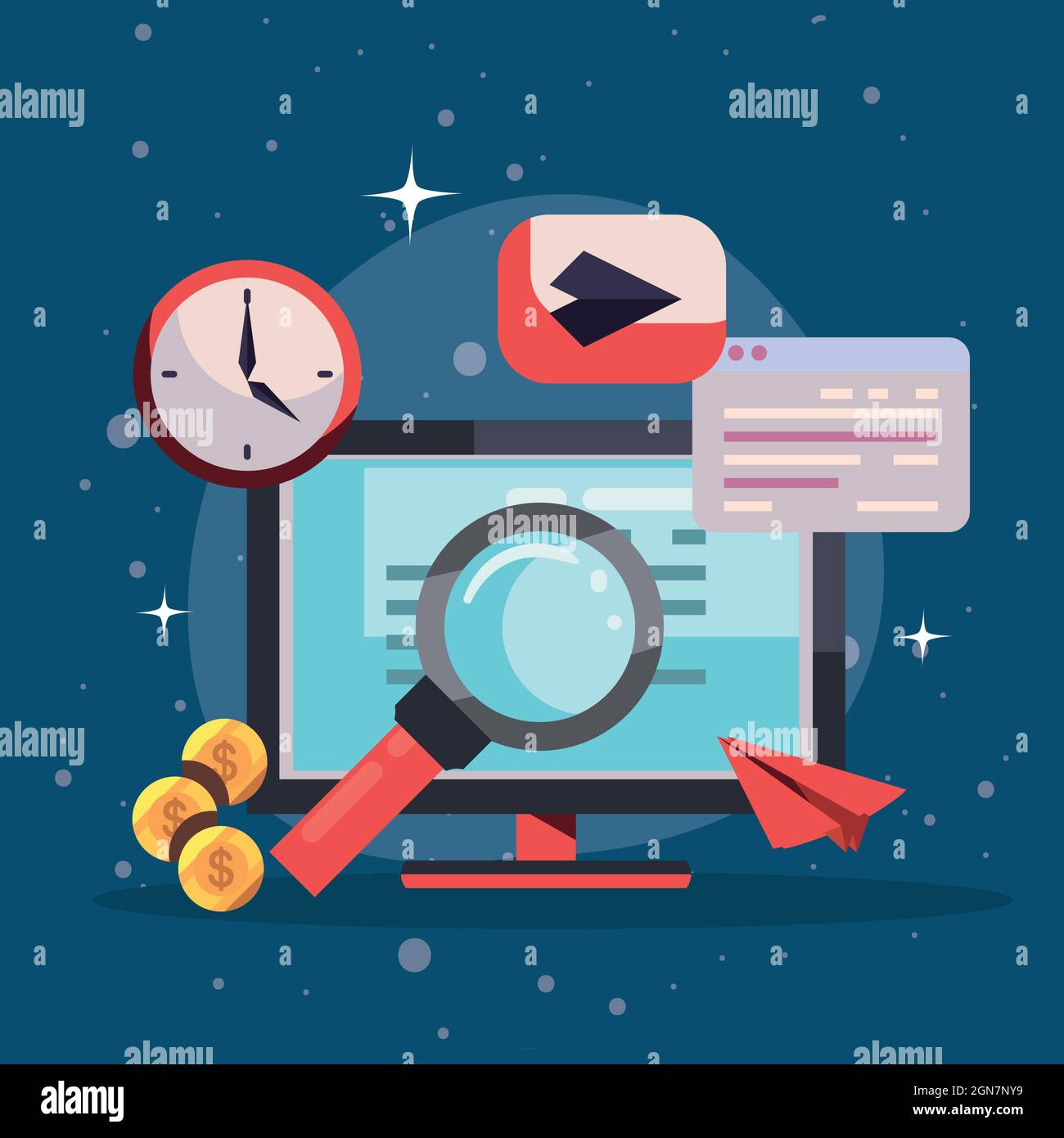 Computer with lupe and icons of digital marketing theme Stock Vector ...