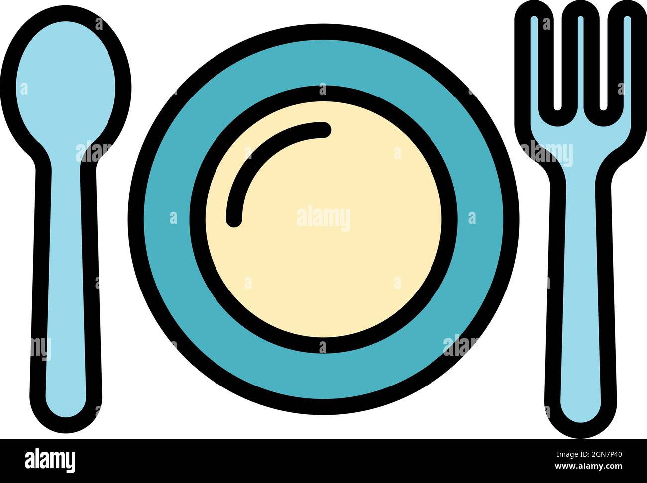 Kid plate, fork, spoon icon. Outline kid plate vector icon color flat ... Kid plate, fork, spoon icon. Outline kid plate vector icon color flat ...