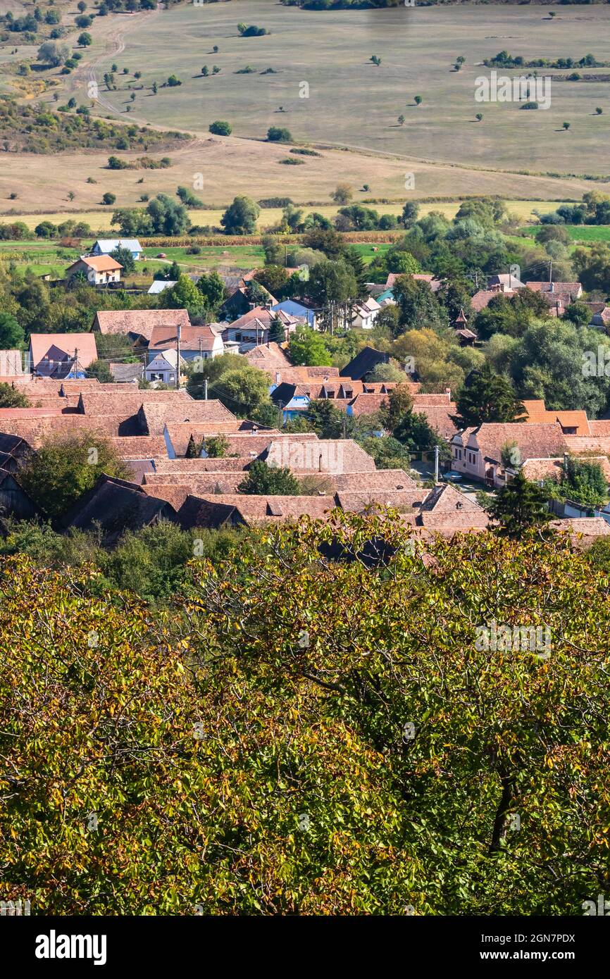 Aerial view of a village with vegetation, fields and houses in Romania ...