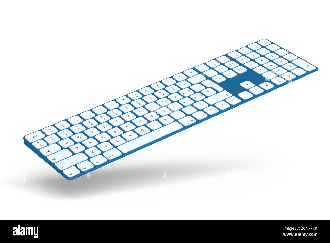 Modern blue aluminum computer keyboard with numpad isolated on white ...