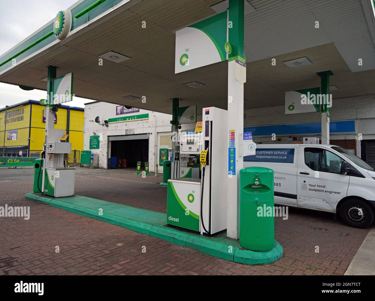 An out of use sign on a petrol pump at a BP garage on Speke Hall Road ...