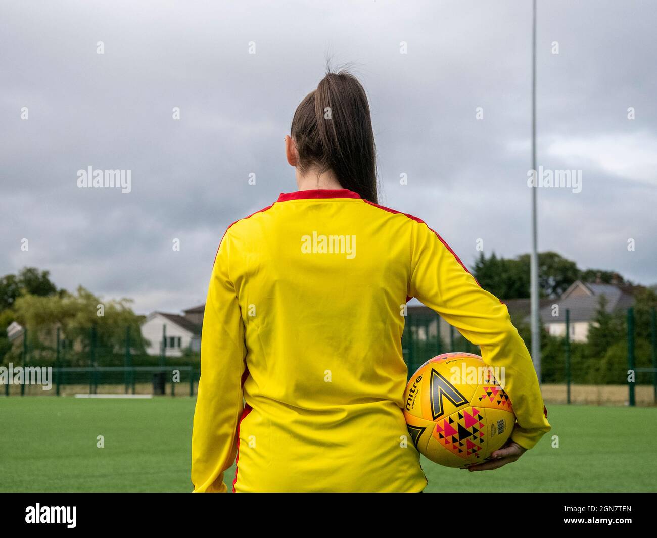 Glasgow, Scotland, UK. 14th July 2020: A Female footballer holding a ...