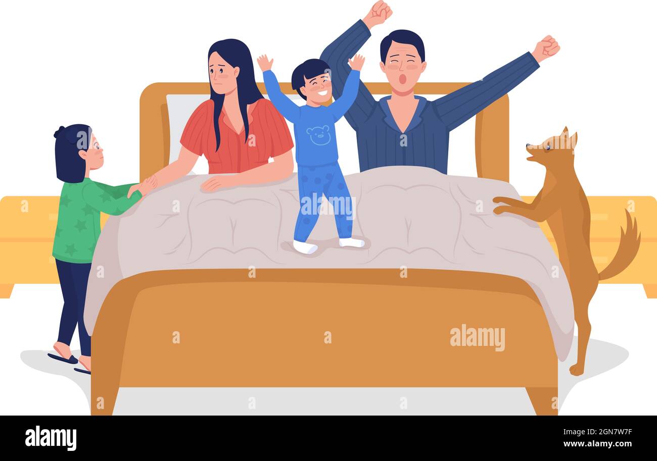 Kids waking up parents semi flat color vector characters Stock Vector ...
