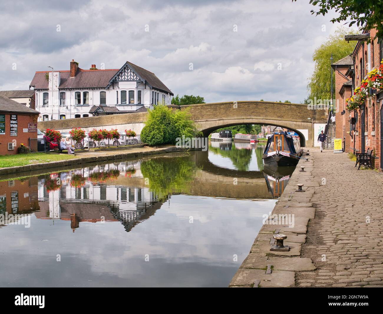 Burscough wharf and the bridge carrying road traffic on the A59 across ...