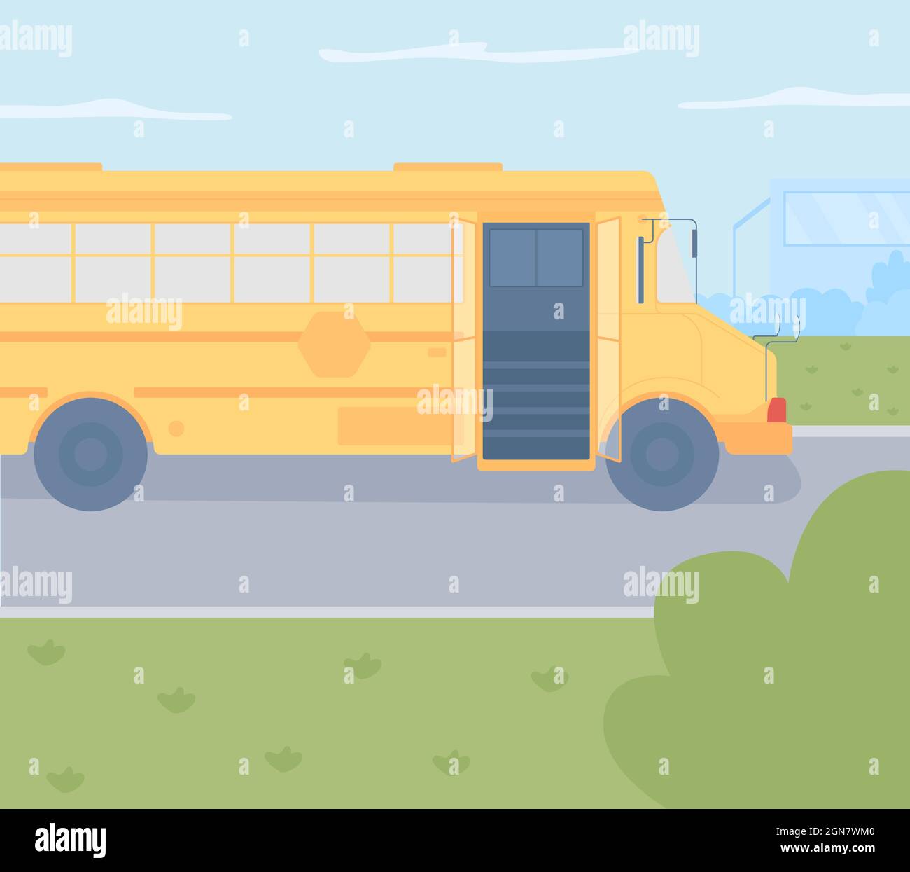 School Bus Outdoors Flat Color Vector Illustration Stock Vector Image